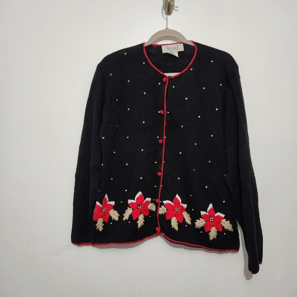 epogee | Sweaters | Epogee Cardigan Sweater Large L Black Poinsettia ...
